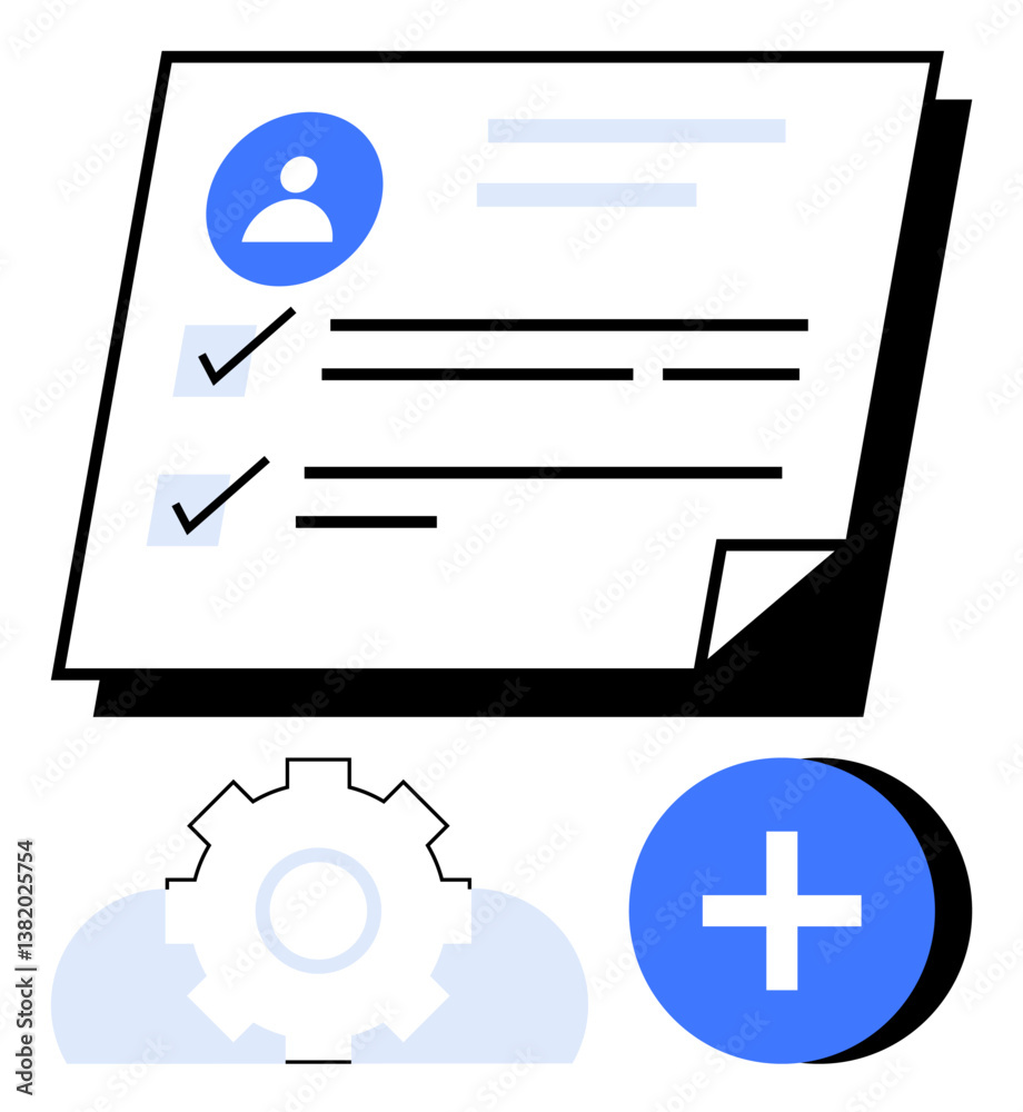 Document with profile picture, checklist, settings gear, and add icon signify task completion ...
