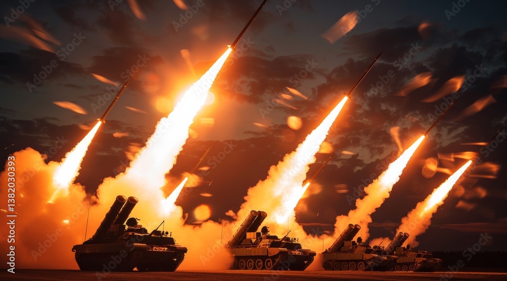 Missile Launch: Rockets Ascending into Night Sky: Powerful display of ...