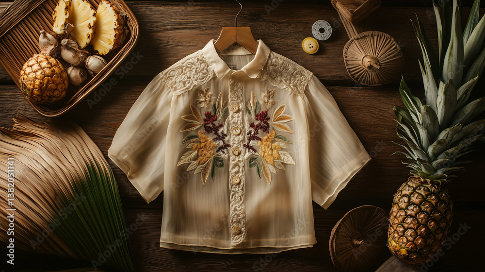 Flat lay concept of traditional Filipino costume, Barong Tagalog ...