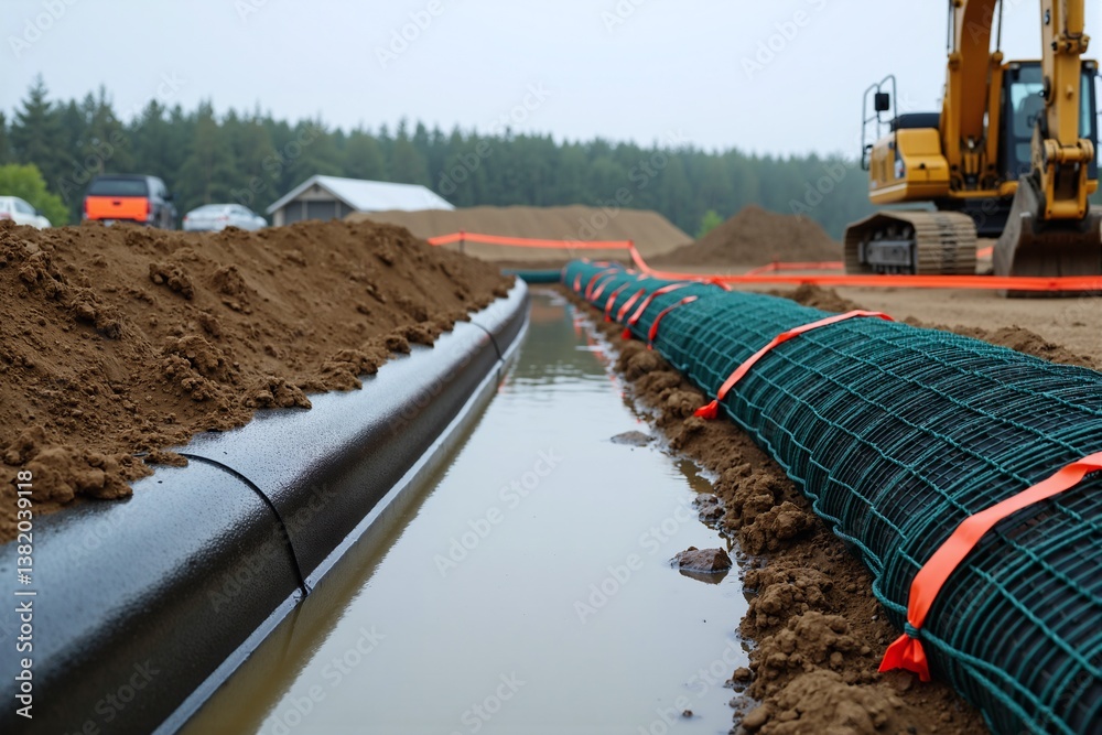 Long Trench with a Laid Pipe Running Through It, Surrounded by Loose ...