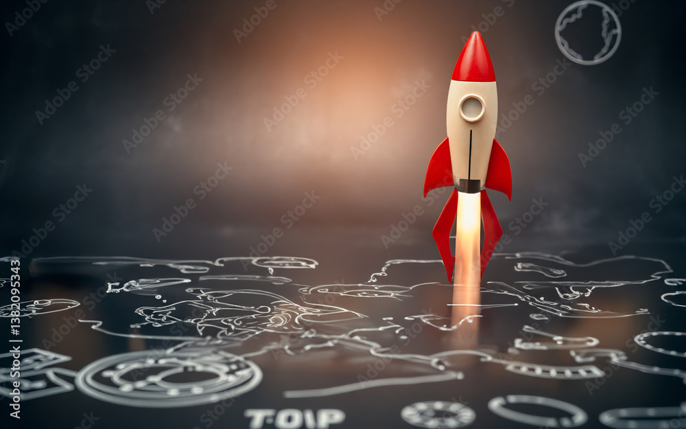 Retro rocket takes flight, red fins blazing, ascending from a surface ...