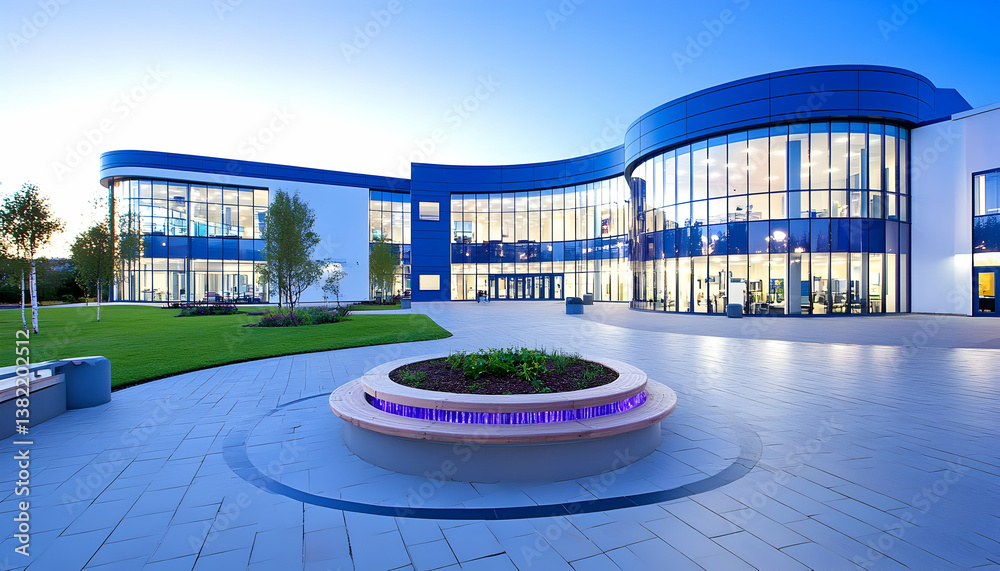 Modern school building at twilight, showcasing curved architecture ...