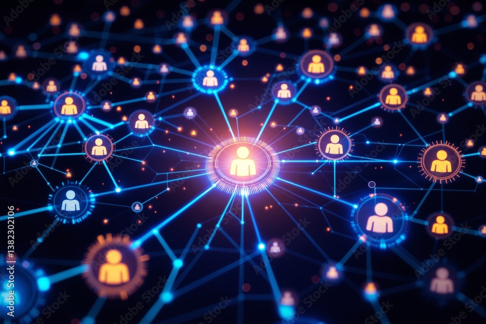 Digital network of interconnected people with glowing blue links on ...