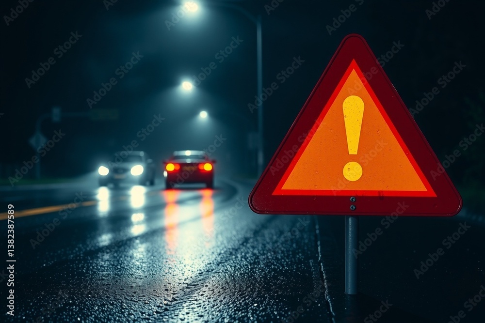 Red warning sign with exclamation mark on wet road at night. Dangerous ...