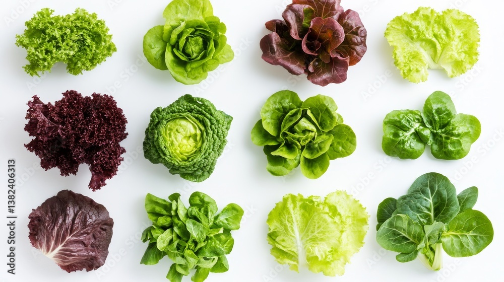 107.A clean and fresh layout of lettuce varieties, with soft shadows ...