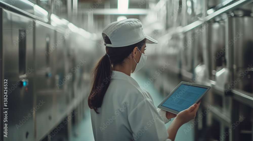 female quality control inspector at a modern dairy factory monitors the ...