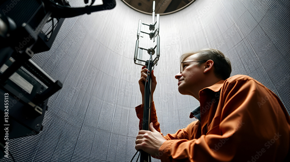 Engineer checking a bilog antenna's height for electromagnetic ...