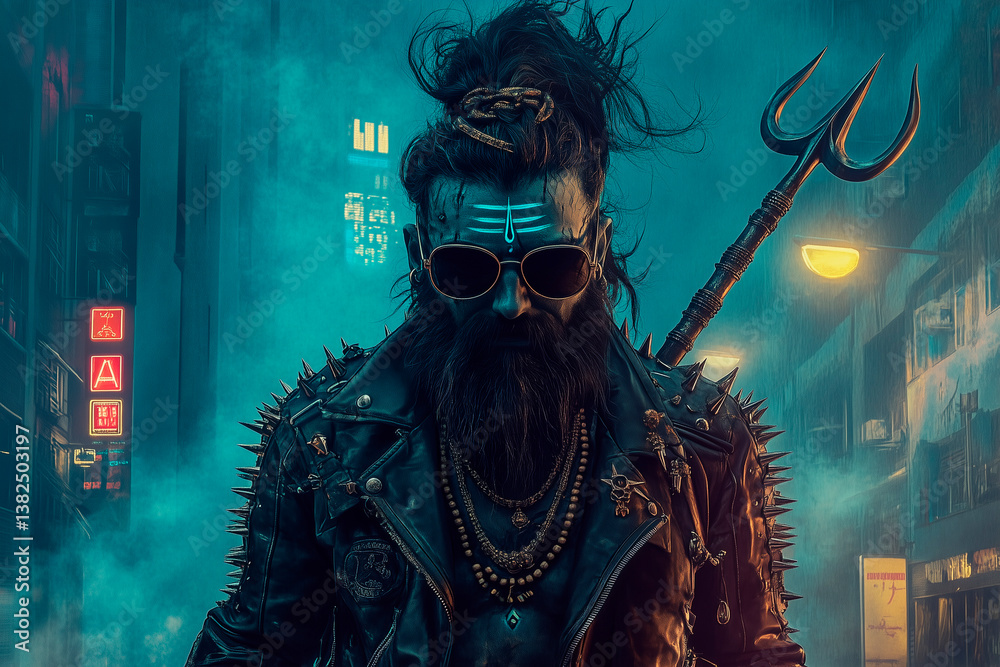 A hyperrealistic, brutal modern depiction of Lord Shiva as a biker ...