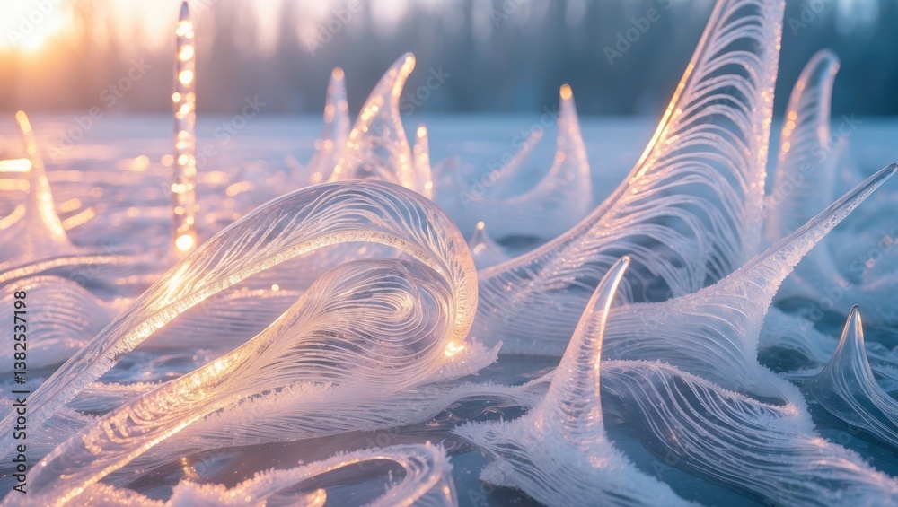 Long slender twisting lines of designs on clear frozen ice sculptures ...