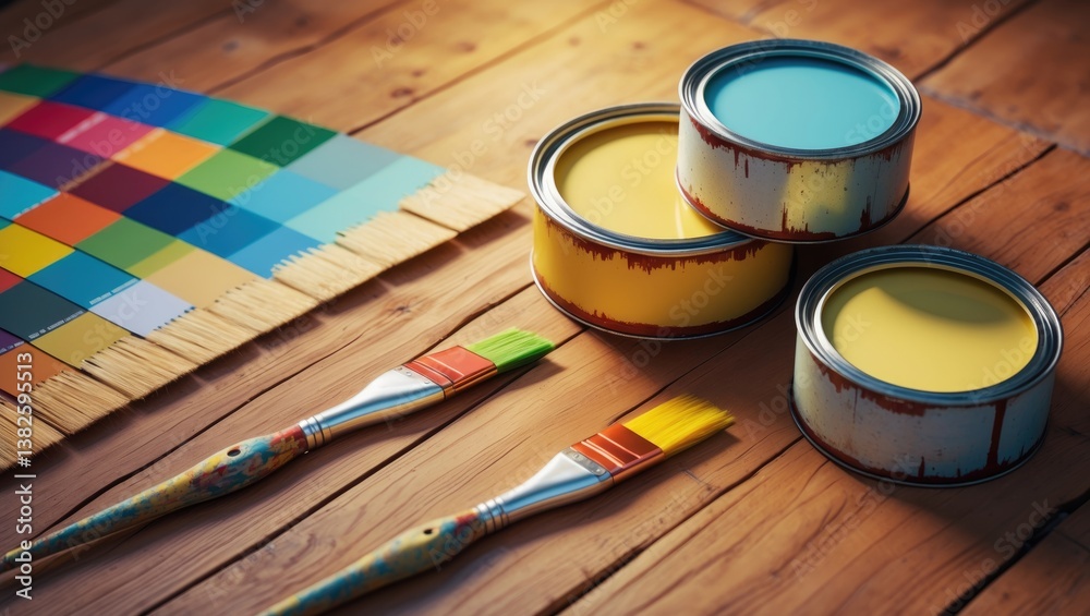 Paint shop banner. Arrangement featuring brushes, a color chart, and ...