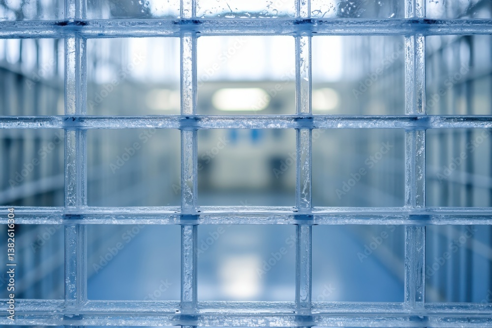 View through transparent prison bars in a dimly lit correctional ...