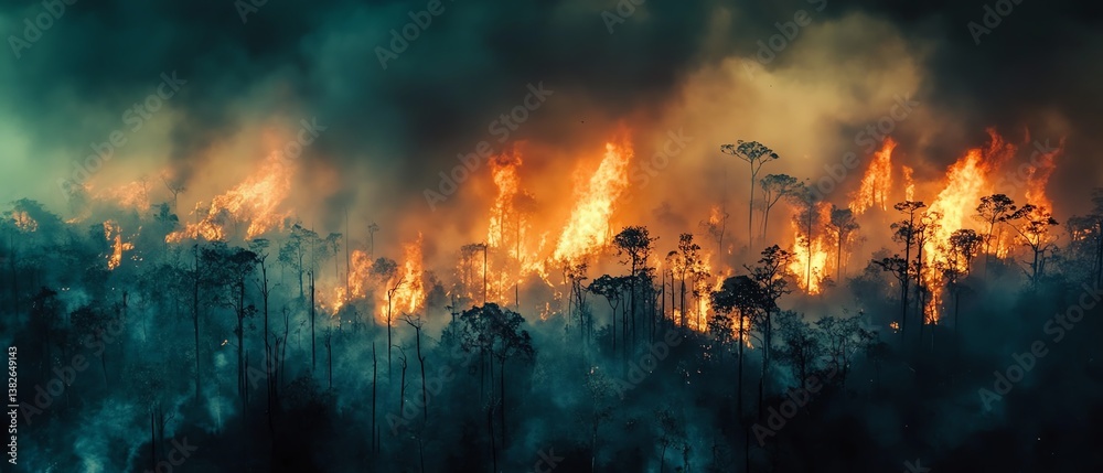 Destruction of the Amazon rainforest by fire, with blackened trees ...