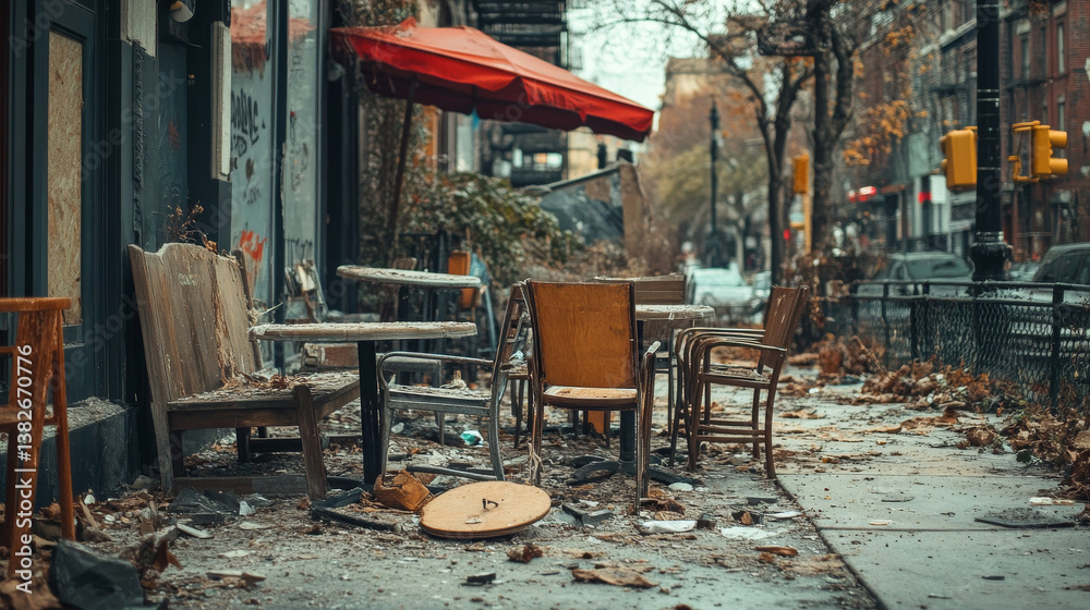 Abandoned outdoor street cafe on city square park vector illustration ...