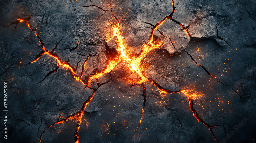 Ground cracks with hot molten magma. Lava and fire in breaks on land ...