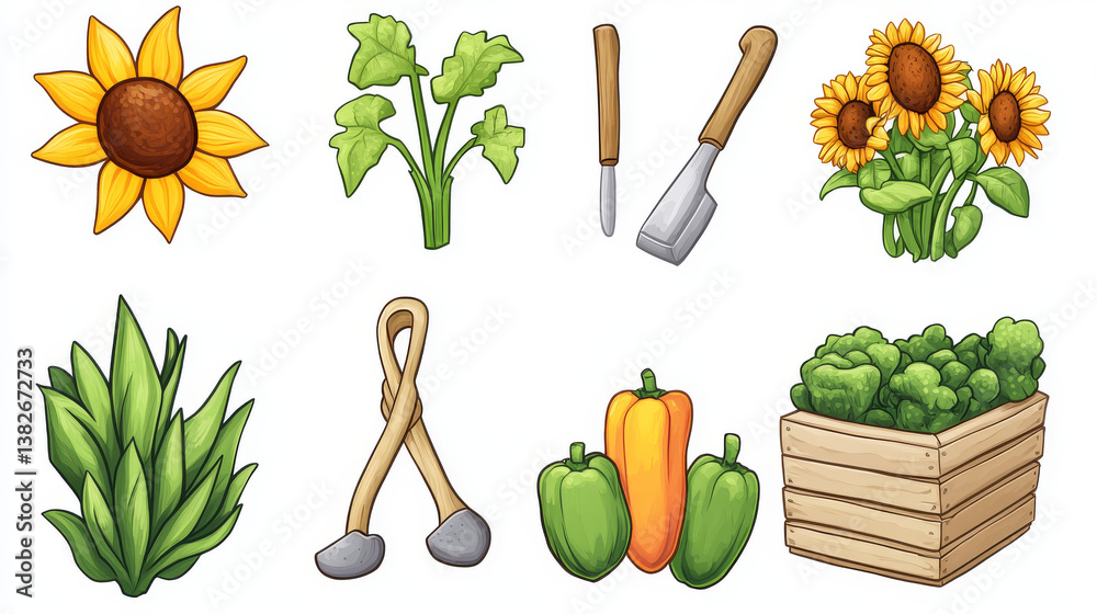 Farm gardening game ui icon of tool and vegetable vector cartoon ...