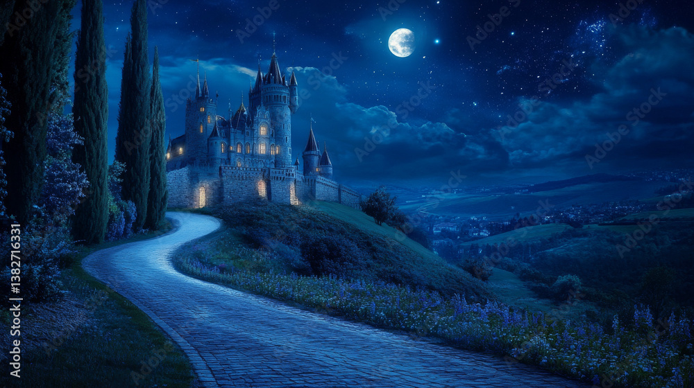 Magic fantasy castle at night vector fairytale background. Fairy tale ...