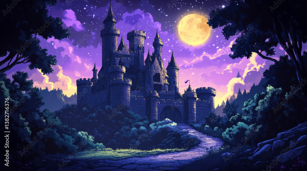 Magic fantasy castle at night vector fairytale background. Fairy tale ...
