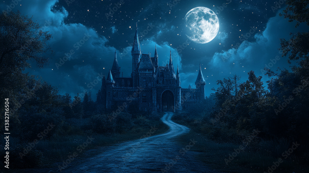 Magic fantasy castle at night vector fairytale background. Fairy tale ...