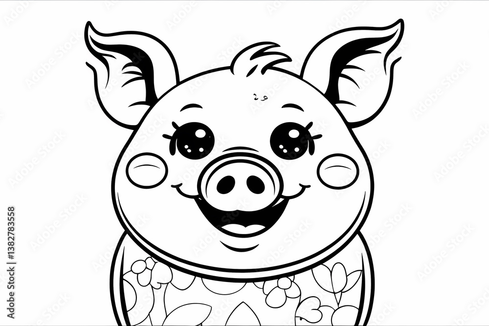 Pig coloring page in book, outline drawing of happy farm animal, nature ...