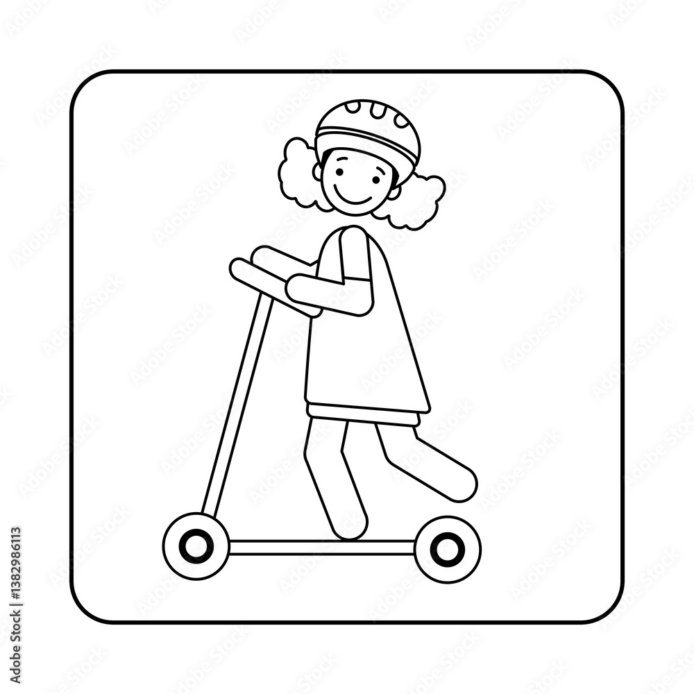 Girl on scooter with helmet – outline drawing in side view for safety ...