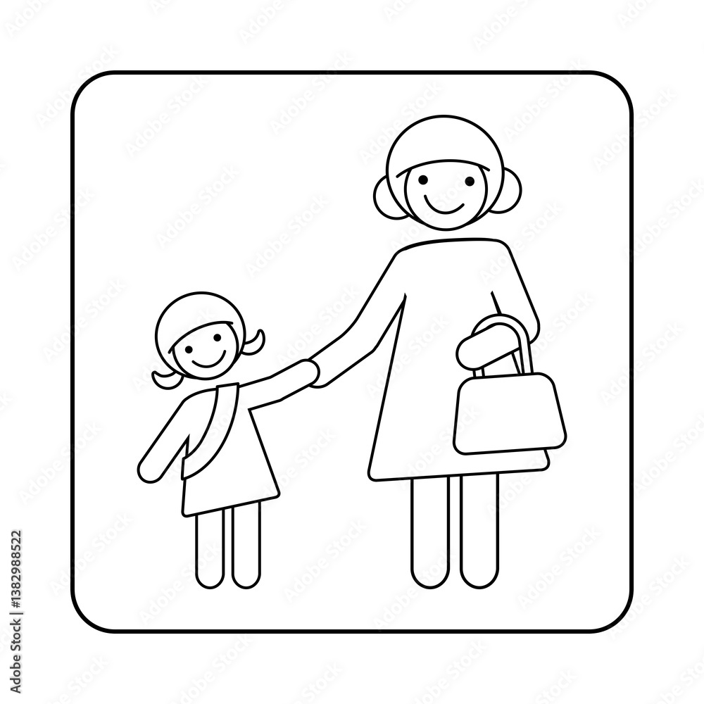 Mother and preschool girl walking together – outline illustration for ...