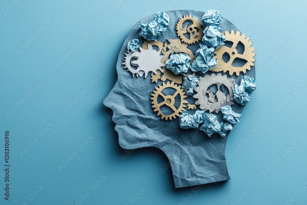 Fotografie Crumpled Ideas, Cogs, and Mental Process. A head silhouette ...