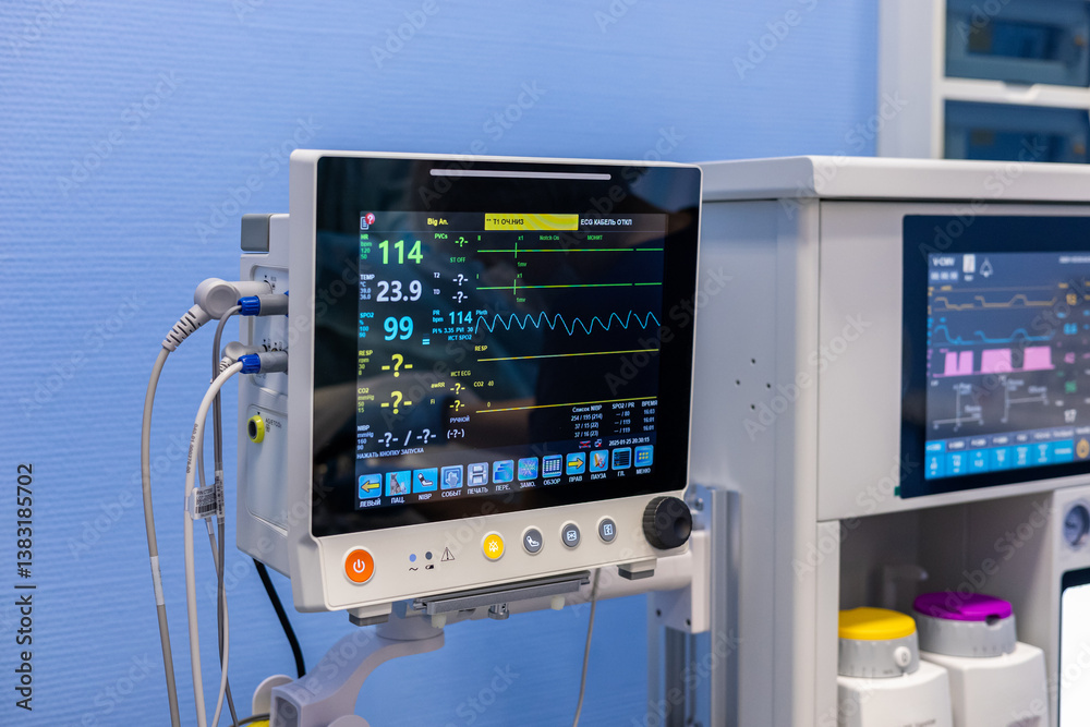 Depicts a medical monitor displaying vital signs, including heart rate ...
