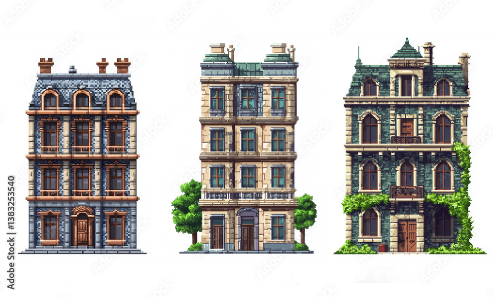 8-bit pixel art set of beautiful colored houses, elements of street ...