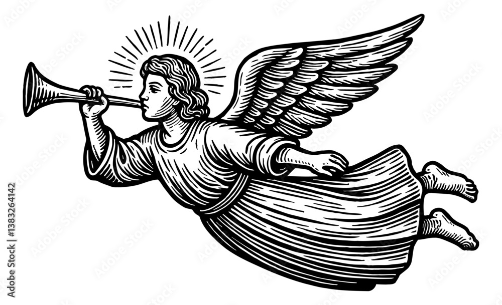 Angel flying and blowing trumpet in black and white engrave art ...