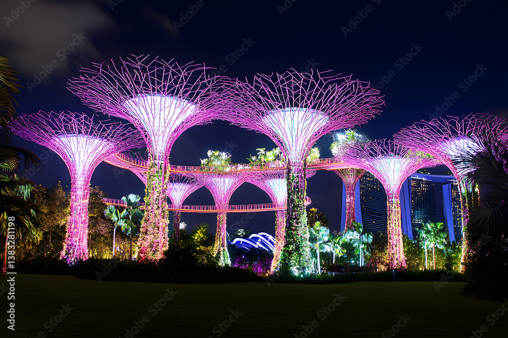 Colorful night view of Supertree Grove at Gardens by the Bay Singapore ...