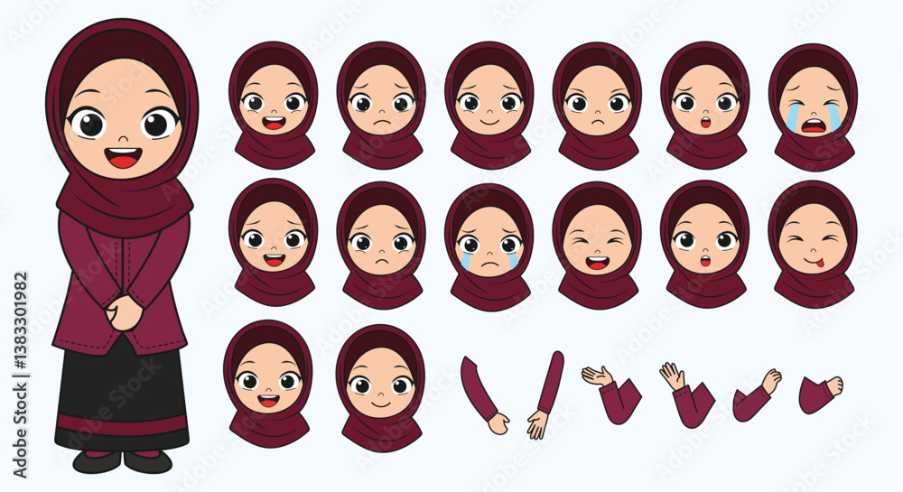 Vektor Cute cartoon character of a Muslim girl wearing a maroon hijab ...