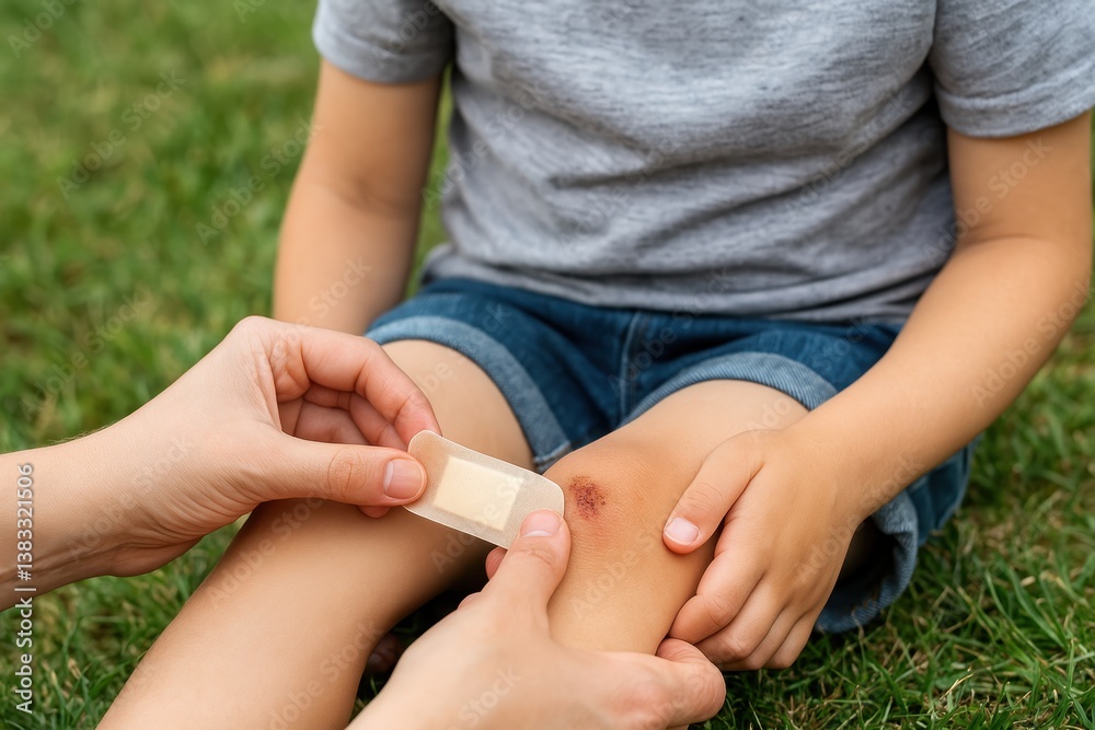 Mother applying plaster on child's injured knee after falling on grass ...