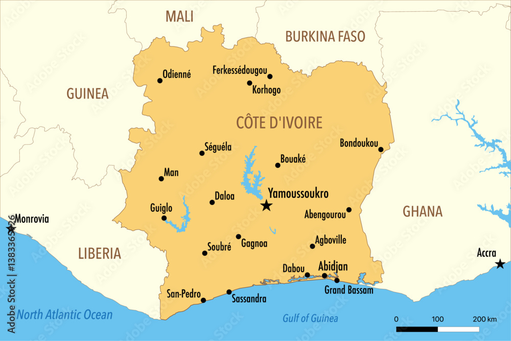 Vector Map of Ivory Coast (Côte d'Ivoire) with Major Cities and ...