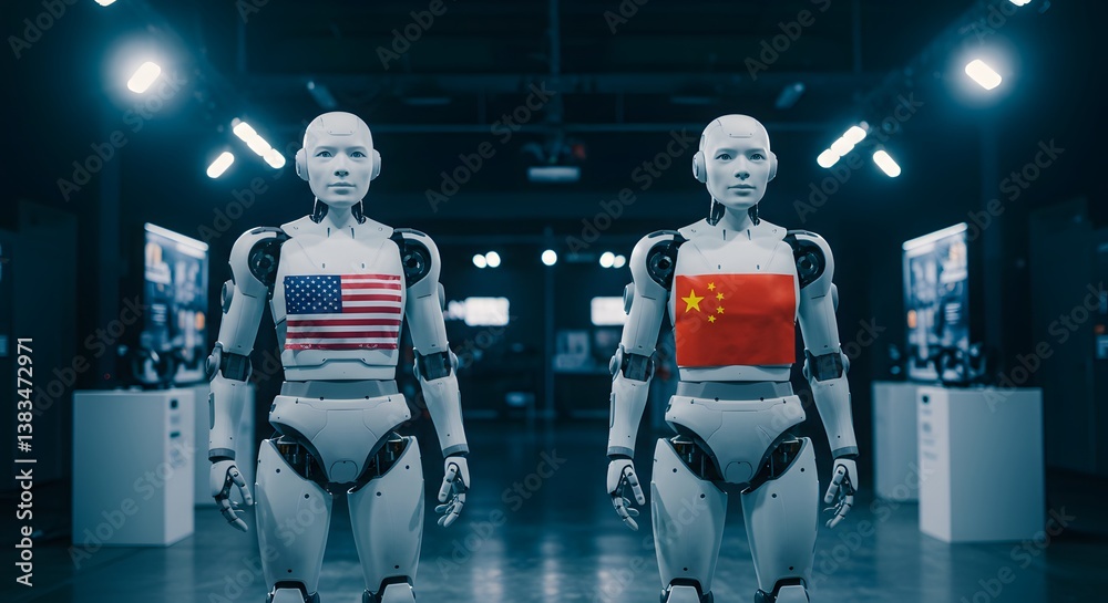 Two humanoid robots stand side-by-side, one displaying the American ...