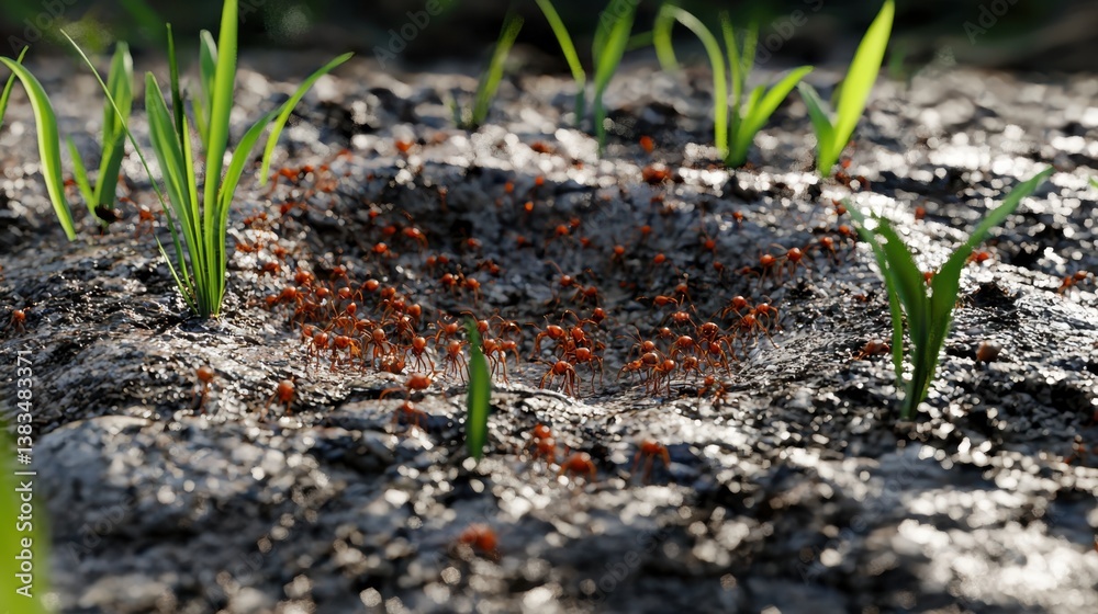 Ultra-realistic 3D rendering of an ant nest ecosystem, showing foraging ...