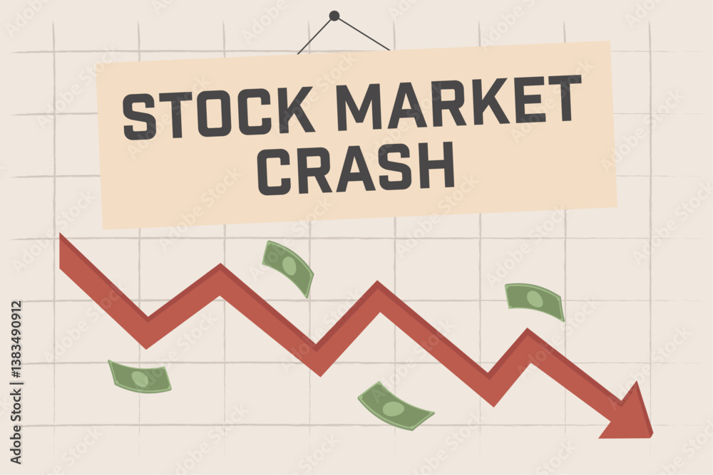 Stock market crash with a downward arrow and falling money, financial ...