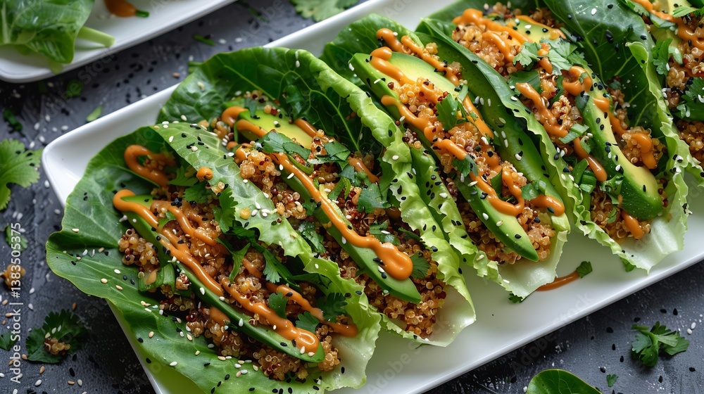 Avocado quinoa stuffed lettuce wraps with sesame drizzle arranged on ...