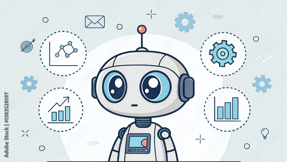 Cute robot thinking with digital icons, conceptualizing the future of ...