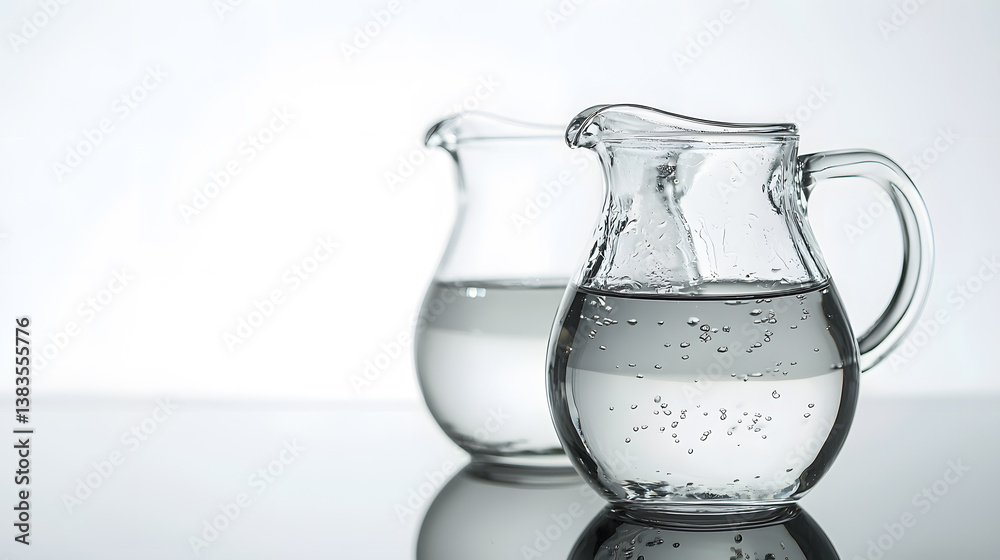 Elegant glass water pitchers displayed on a reflective surface ...