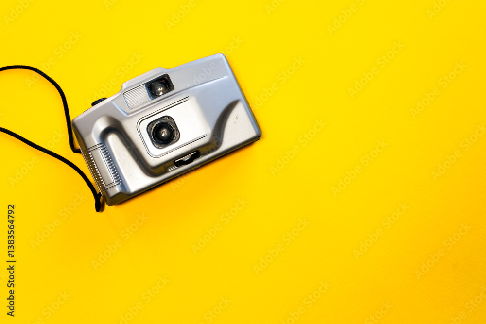 Vintage silver compact film camera with black strap placed on a vibrant ...