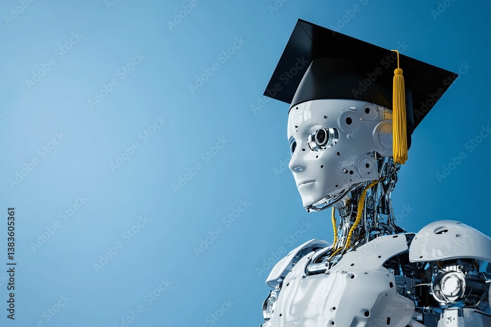 Humanoid robot wearing graduation cap, representing ai's growing role ...