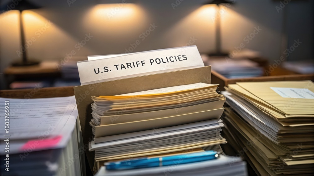 Reciprocal Tariffs. Import Tariffs USA 2025 Stacks of documents labeled ...