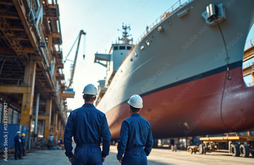 Two shipyard workers in helmets looking at huge ship under construction ...