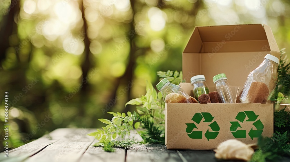 Eco takeaway packaging items with green recycling logos displayed in an ...