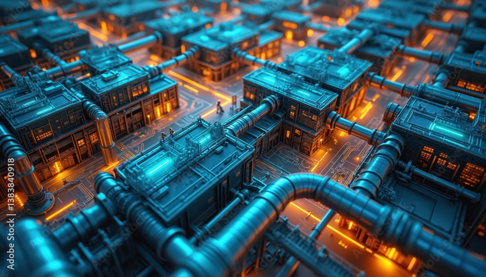 Futuristic industrial landscape with smart factory setup. IoT devices ...