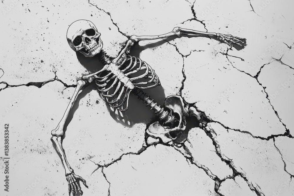 This photo depicts a black and white drawing of a skeleton positioned ...