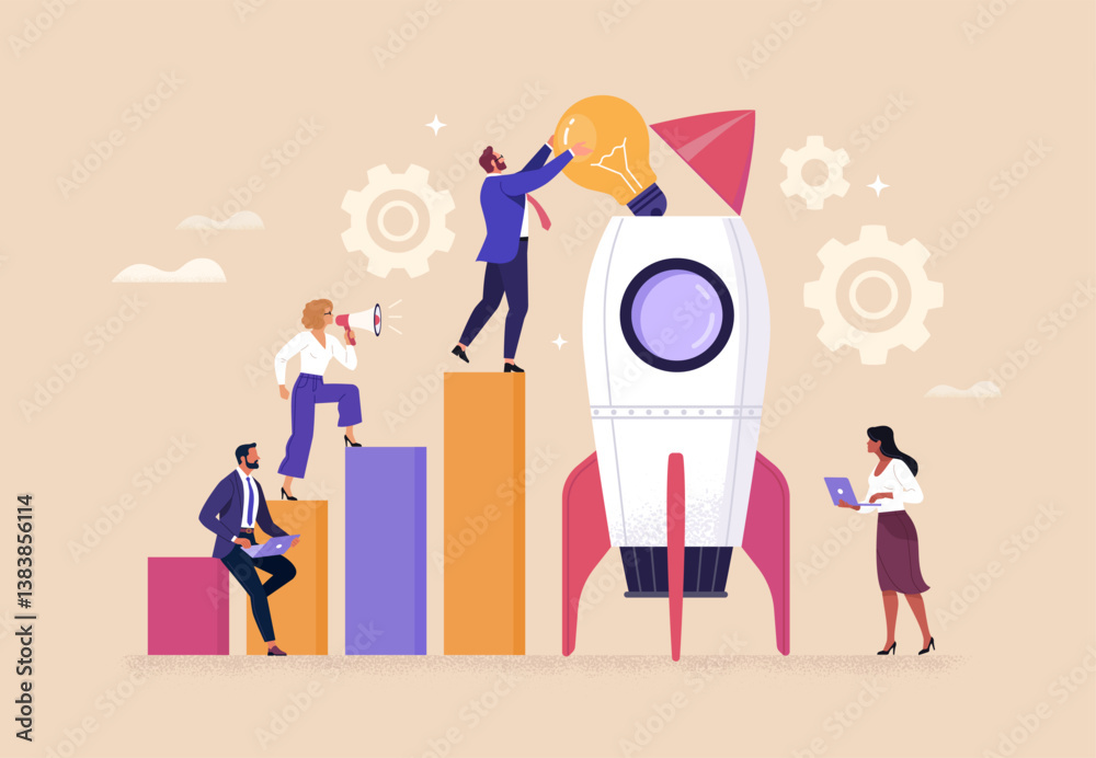 Business Startup Concept. Vector cartoon illustration of a group of ...