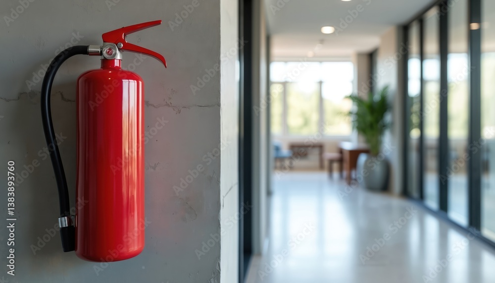 Red fire extinguisher mounted on concrete wall in office corridor ...