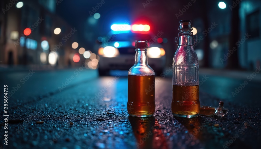 Glass bottles with alcohol on wet city street at night. Police car with ...