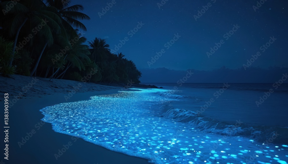 Night shot tropical beach with blue glowing bioluminescent plankton in ...